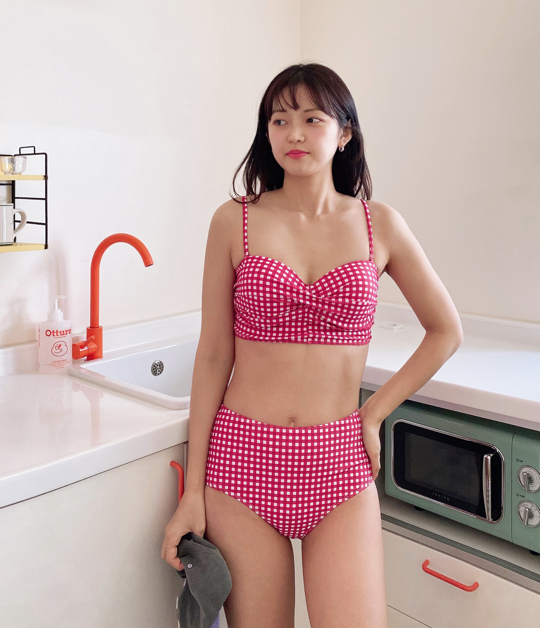 드레스코드에이치디 당일발송🚀 [튜브탑 가능] M-4XL 셔링 하이웨이스트 비키니 빅사이즈 체크 수영복 55 66 77 88 99 100 튜브탑비키니 플러스사이즈수영복