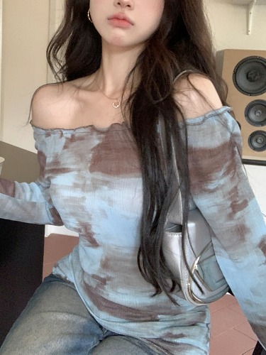 하프닌 유리에 블루 타이다이 나염 배색 물결 프릴 오프숄더 여리 Y2k 유니크 스트릿 긴팔 티셔츠