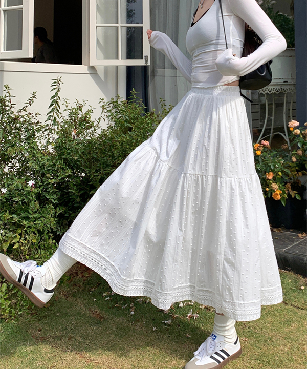 포앤바이앤 ★인기★ 하이웨스트 허리 밴딩 레이스 A라인 플레어 티어드 캉캉 화이트 롱 스커트 고무줄치마 하얀치마 흰치마 보호시크
