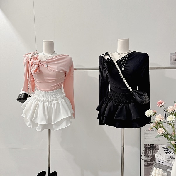 이프유마인 Y2k하이틴유니크 겨울 디바 포인트 섹시 글램 슬림 투웨이 오프숄더 셔링 언발 사선 스트랩 레이어드 이너 무지 크롭 긴팔 티셔츠 3color