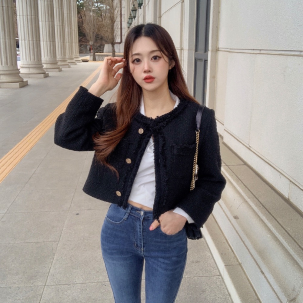 워너비뮤즈 무배🚀 하객룩필수💖md추천 클래식and캐주얼💌프린지 노카라 크롭 트위드 자켓 라운드 골드 버튼 숏 간절기 아우터 아이보리 옐로우 블랙 3col