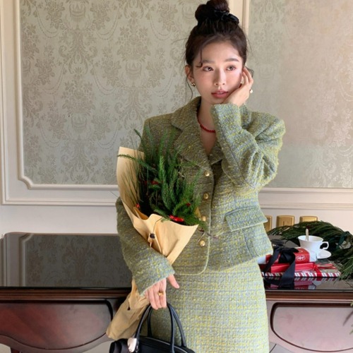 바이미뉴 투피스셋업봄정장수트세트 가을신상 빈티지 정장 싱글 숏코트 트위드 그린 핑크 여성 봄자켓 A라인 슬림 미니 숏스커트 오피스룩 직장인룩 20대 30대