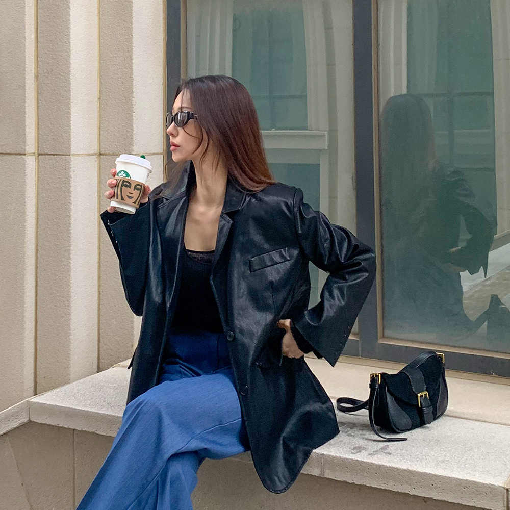 워너비뮤즈 무배🚀 멋쁨폭발💥퀄리티맛집 테일러드 카라 싱글 레더 자켓 오버핏 가죽 재킷 은은 광택 블레이저 간절기 아우터 매니쉬 데일리룩 브라운 블랙 2col