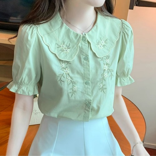 밀키부 당일출고봄신상여름블라우스하객룩 빅사이즈 셔츠 꽃블라우스 반팔셔츠 카라 그린 화이트 슬림핏 반팔 꽃자수 플라워 퍼프소매 셔츠블라우스 데이트룩 봄상의 벚꽃놀이