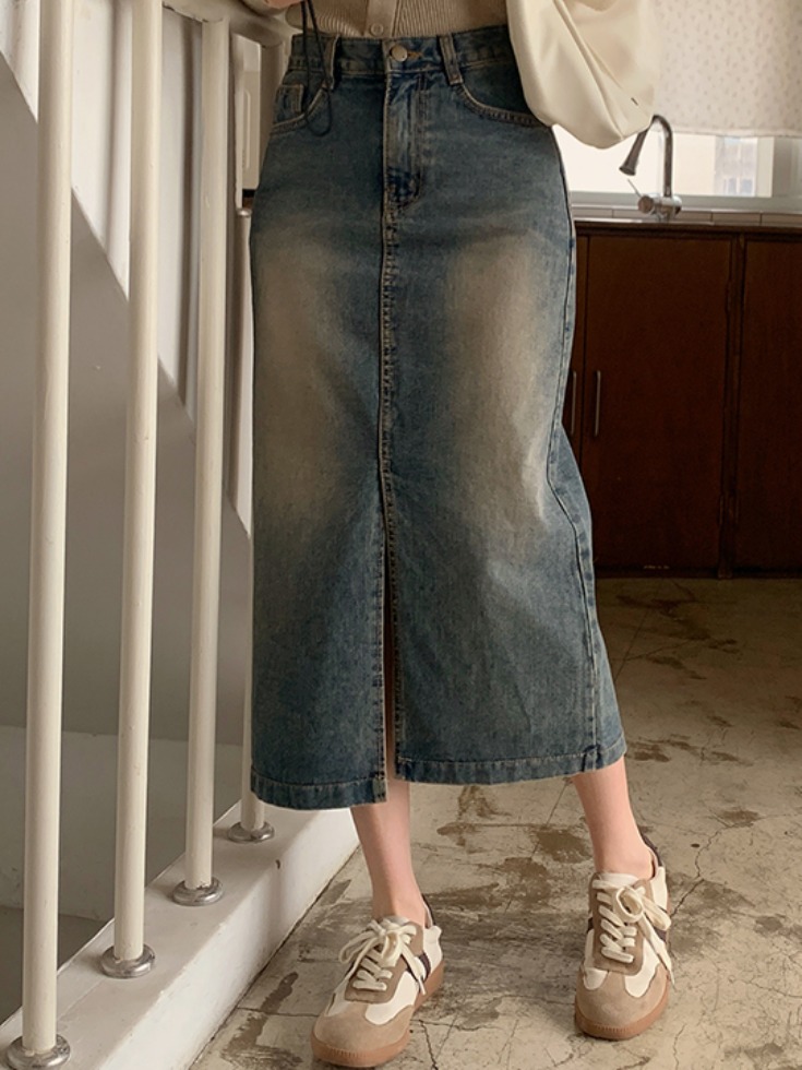 리리앤코 래이퓨든 트임 데님 롱 스커트 신상 데일리 데이트 빅사이즈 청치마 빈티지 워싱 워싱데님 데님스커트 데님치마 데님롱스커트 데님롱치마 코튼 빅사이즈청치마 Y2k