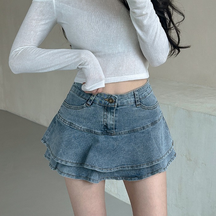 아이스크루 빠른배송🔥속바지내장 유키 빈티지 2단 캉캉 프릴 데님 미니 스커트 포켓 A라인플리츠 플레어 워싱 스판 Y2k 청스커트 러블리 하이틴룩 키치룩 생지 바지안감