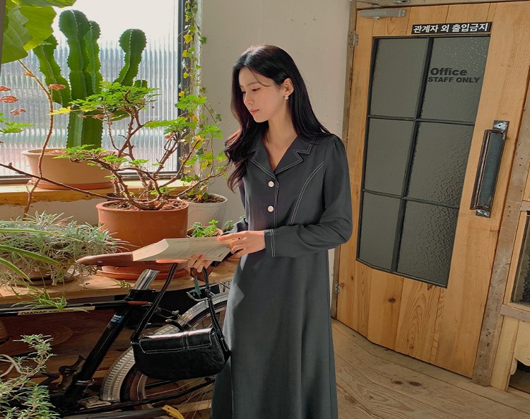 리리앤코 덴리아보 카라넥 스티치 롱 원피스 봄 신상 데일리룩 페미닌룩 데이트룩 A라인 플레어 격식룩 하객룩 심플 깔끔 테일러드카라 단정한 자체제작 투피스 통통녀 빅사이즈