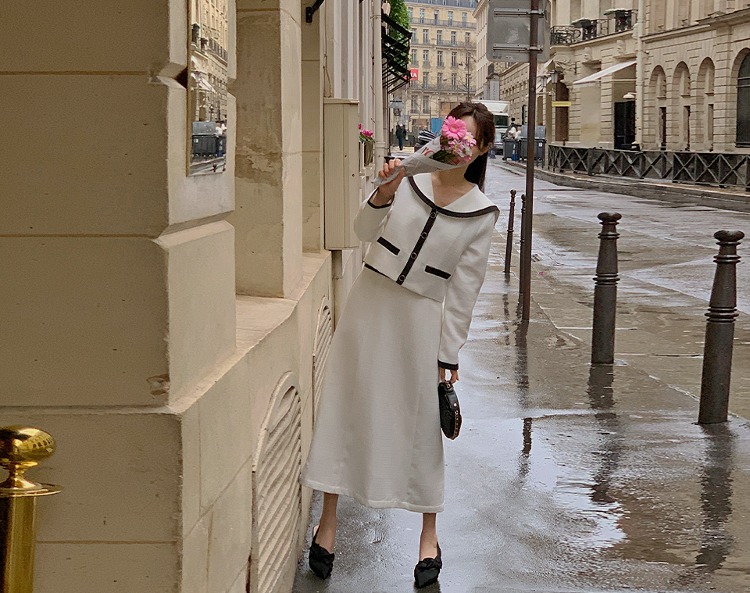 리리앤코 무료배송 브테린드 트위드 배색 세일러카라 뒷밴딩 스커트 투피스 세트 봄 봄신상 롱 스커트 배색자켓 트위드세트 하객룩 격식룩 트위드룩 세트룩 투피스룩 투피스세트