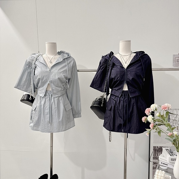 이프유마인 후드집업스커트set꾸안꾸룩 봄 포텐 투웨이 오버핏 크롭 바람막이 아노락 후드 집업 자켓 점퍼 밴딩 카고 포켓 미니 스커트 트레이닝 투피스 세트 3color