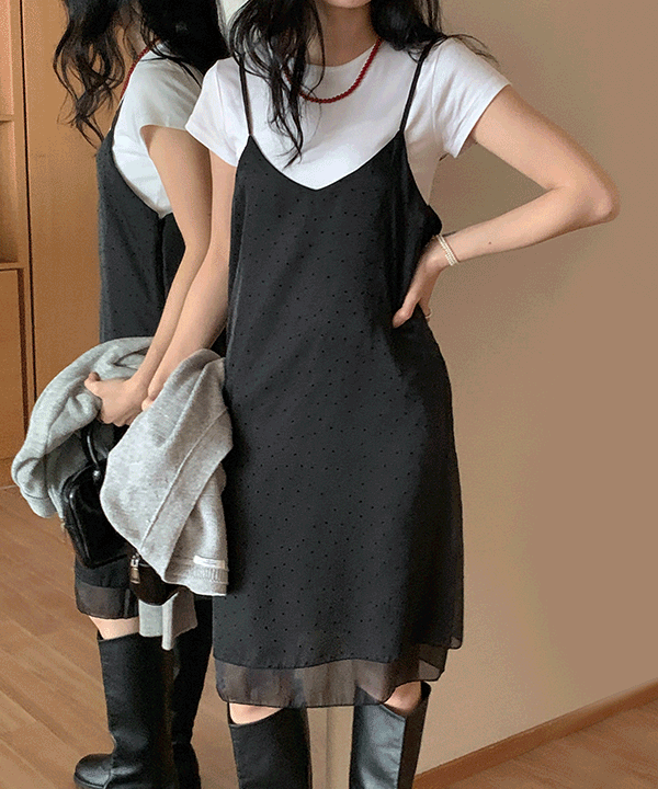 모어라운드 리언 시스루 도트 레이어드 미디 원피스 2color