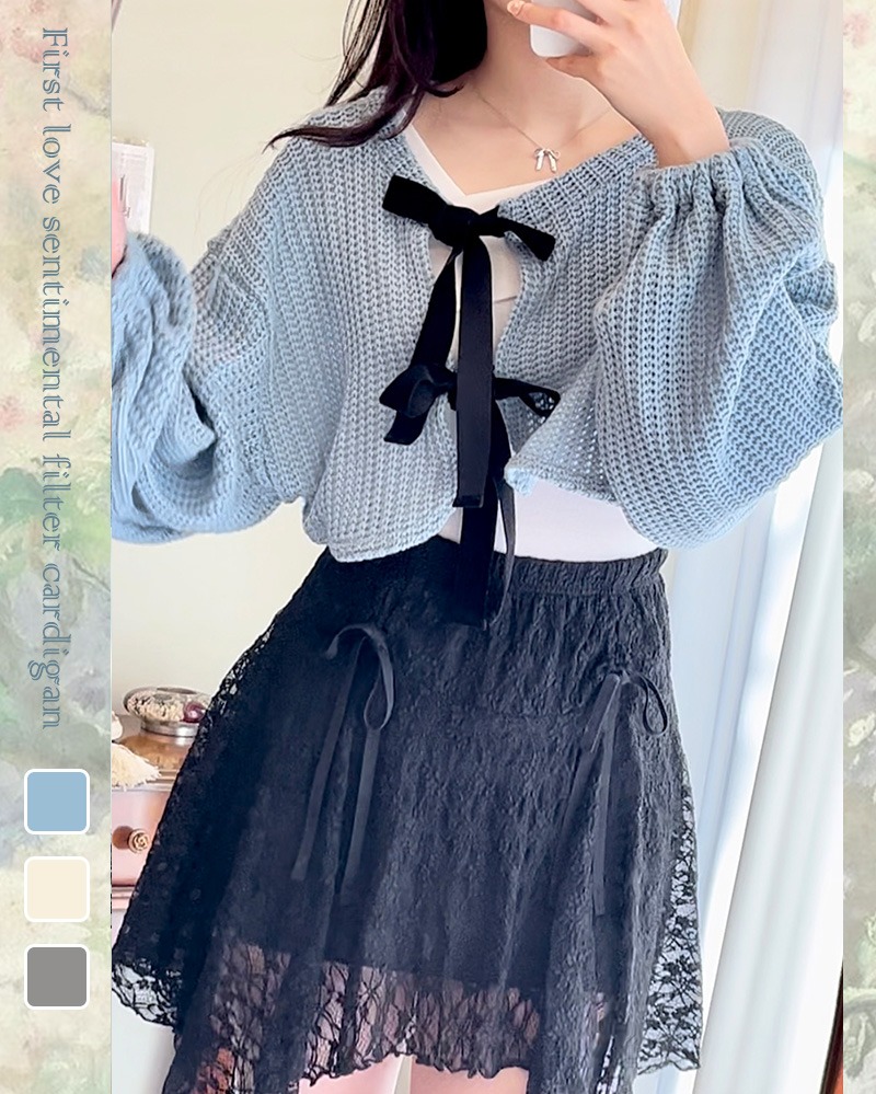 레트로문 BEST/주문폭주 (3COLOR) ღ쇼룸선입고ღ BEST 풍성한 소매로 여리여리끝판왕 ! 🎀첫사랑재질 감성필터 리본가디건🎀 44-77 프리사이즈로 편안하게 ...