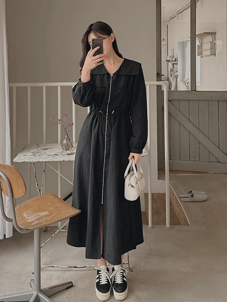 리리앤코 브린티니 바스락 세일라 카라 스트링 집업 롱 원피스 봄 신상 자체제작 봄룩 데일리룩 데이트룩 출근룩 러블리룩 바스락원피스 긴팔원피스 A라인 집업원피스 세일러카라