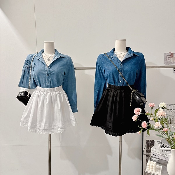 이프유마인 Y2k하이틴유니크 봄 제인 펀칭 레이스 레이어드 이너 무지 하이웨스트 밴딩 핀턱 A라인 플레어 셔링 프릴