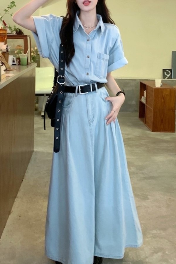 핑크프릴 Set 라이트 블루 데님 반팔 루즈핏 셔츠 플레어 롱스커트 투피스세트