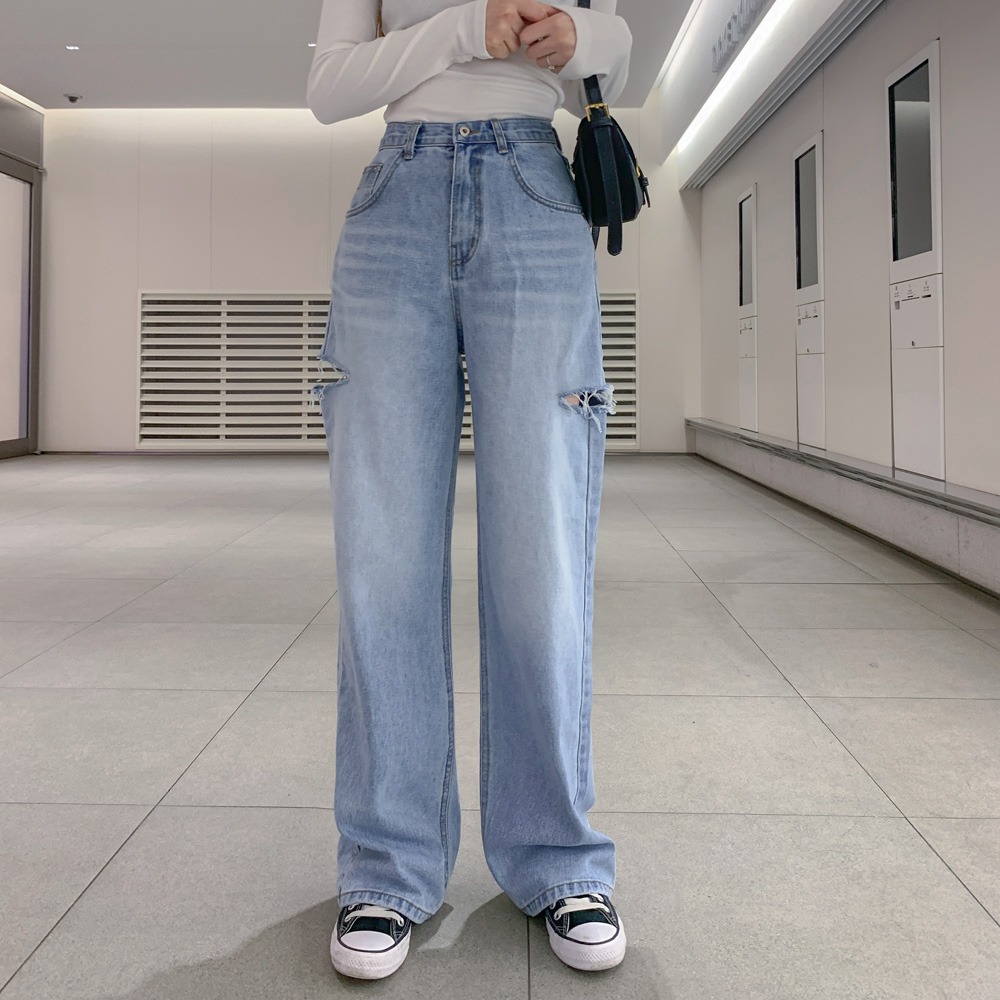 워너비뮤즈 무배🚀 청량시원🌊데미지포인트 세미와이드 스트레이드 롱 데님 팬츠 하이웨스트 워싱 일자 바지 찢청바지 슬릿 봄 여름 가을 S M L