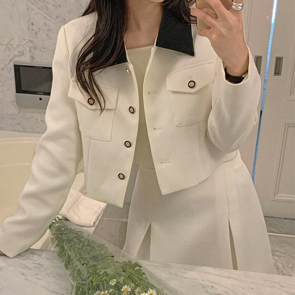 핫핑 하객룩 고급분위기♥ Made 레디프 트위드 배색카라 숏자켓 플리츠 뒷밴딩 미니스커트set44~100 빅사이즈투피스 플리츠스커트 트위드자켓 카라자켓