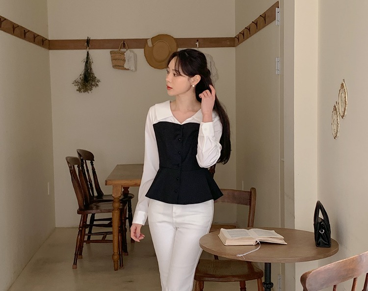 리리앤코 텐모브 배색 오픈카라 프릴 블라우스 봄 봄신상 가을 신상 데일리 데이트 빅사이즈 하객룩 격식룩 콩단추 카라넥 카라블라우스 긴팔블라우스 페플럼 페미닌 배색블라우스