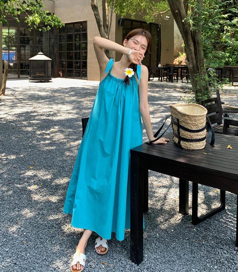 오늘출발 ★나트랑 민소매 미디롱 A라인 루즈핏 리본 원피스★ 롱드레스 끈 나시 셔링 주름 A라인 스커트 플레어스커트 해외여행