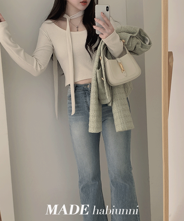 MADE #11938 [머플러SET] 옆트임 크롭 깊은U넥 스판 긴팔t : 4color