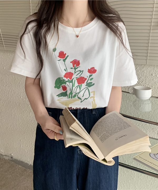 4colors플라워 반팔 면 티셔츠 라운드넥 꽃 프린팅 파스텔 얇은 순면 코튼 심플 기본티 봄 여름 캠퍼스룩 Mz룩 입기