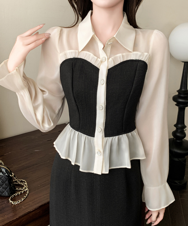 포앤바이앤 ★하객룩 추천★ 블라우스 스커트 투피스 카라넥 프릴 진주단추 퍼프 벌룬 소매 러플 숏 블라우스 And 하이웨스트 H라인 뒷트임 미디스커트 세트 셋업 세미정장