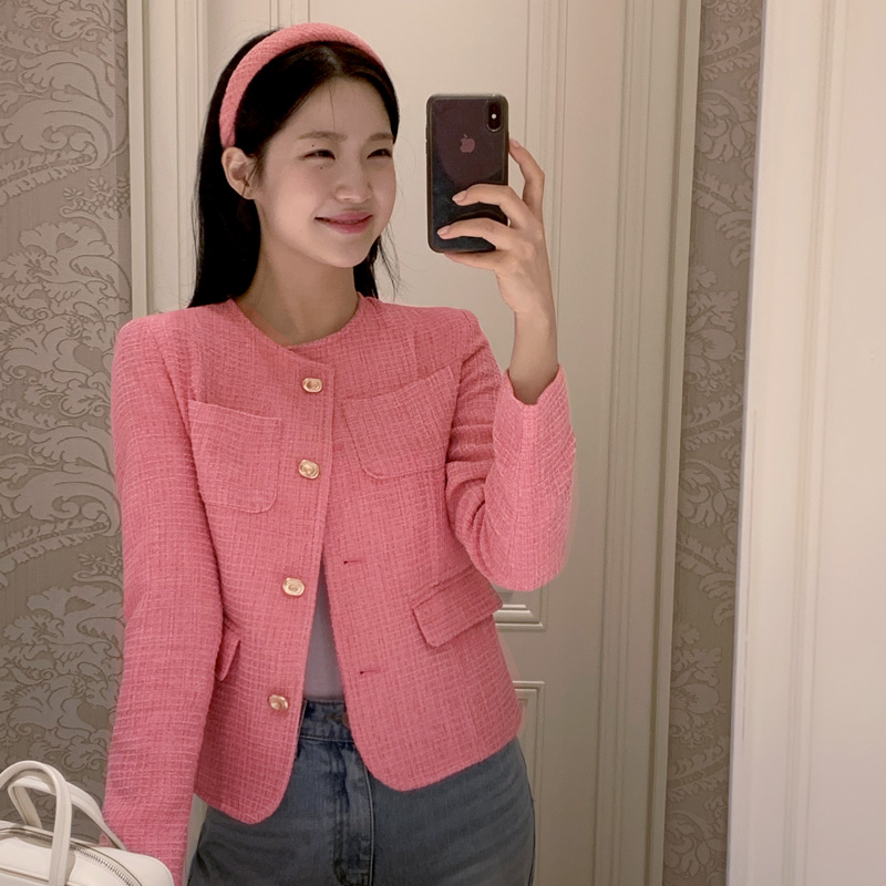 아뜨랑스 머리띠set화사한 프렐라 금장 버튼 노카라 트위드 긴팔 봄자켓 세미크롭자켓 나들이룩 트위드자켓 자켓