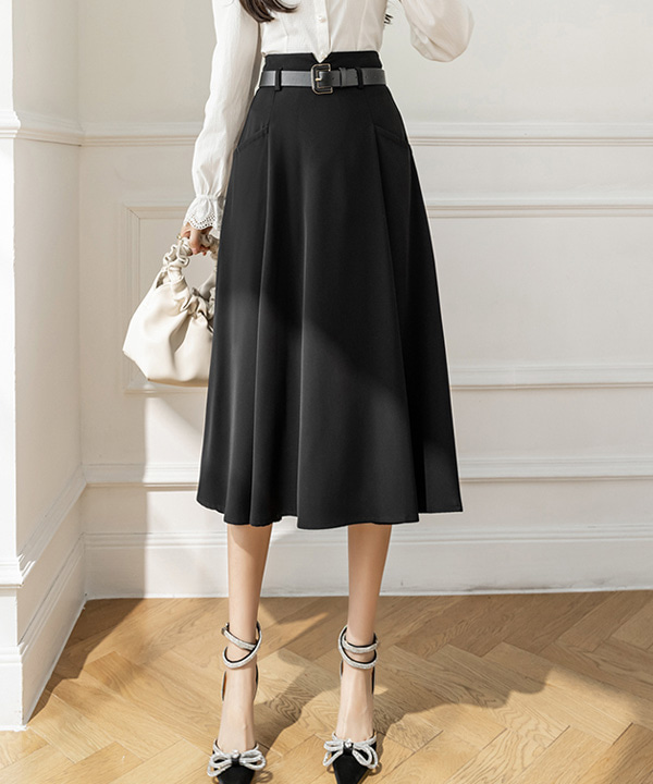포앤바이앤 플레어 롱스커트 벨트 하이웨스트 주머니 절개 플레어 A라인 미디 스커트 긴치마 검은치마 블랙 포켓 샤랄라 드레이프 레트로 복고풍 정장치마 출근룩 격식있는