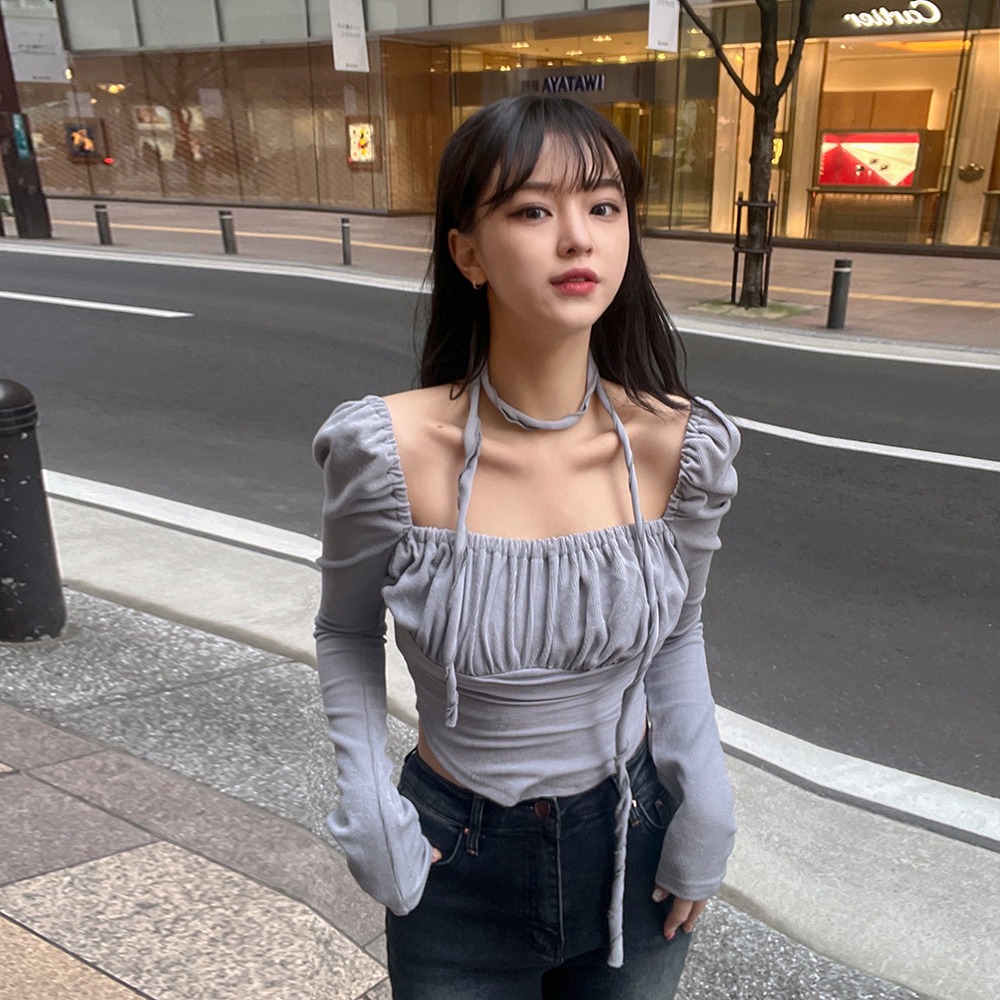 워너비뮤즈 무배🚀 여리섹시🩶머플러set 스퀘어넥 골지 긴팔 셔링 굴림 티셔츠 롱 머플러 세트 셋업 투피스 데이트룩 하객룩 신년회 4col