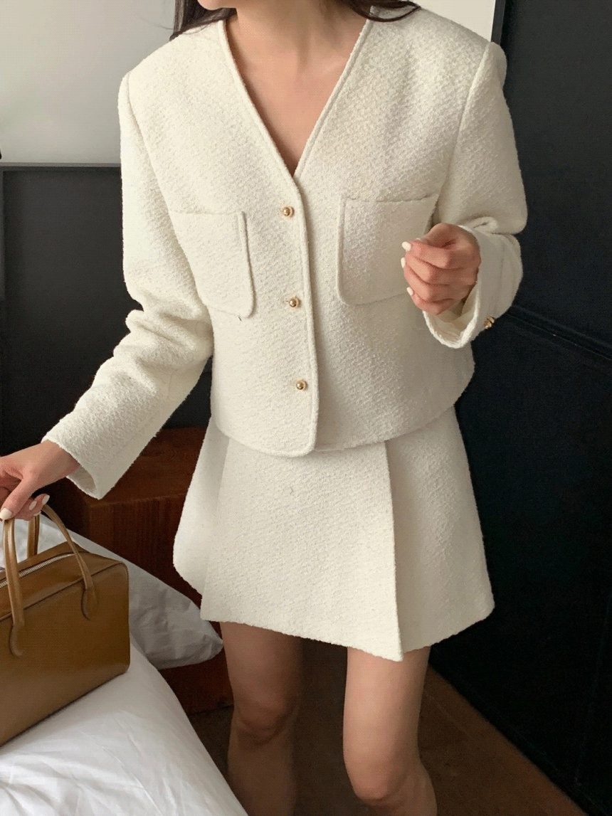 inouf 이너프 포스트 트위드 자켓 긴팔 노카라 브이넥 싱글 jk (3col)