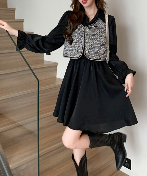 포앤바이앤 ★하객룩 추천★ 셔츠원피스트위드 조끼 세트 카라넥 앞단추 퍼프 벌룬 긴소매 허리잘록 플레어 미니 블랙원피스 And 라운드넥 배색라인 진주단추 크롭 베스트 투피스