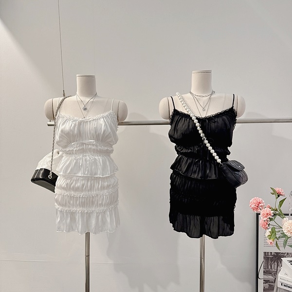 이프유마인 당일발송 나시스커트set페미닌 여름 루나 발레코어 셔링 레이스 리본 스트랩 실키 새틴 슬립 뷔스티에 크롭 나시 밴딩 A라인 플레어 미니 스커트