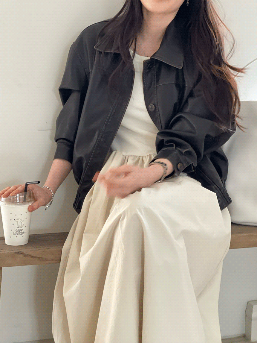 샵보애 bronze 브론즈 워싱 레더블루종 점퍼 자켓 봄 여성 가죽 루즈핏 jp (2col)