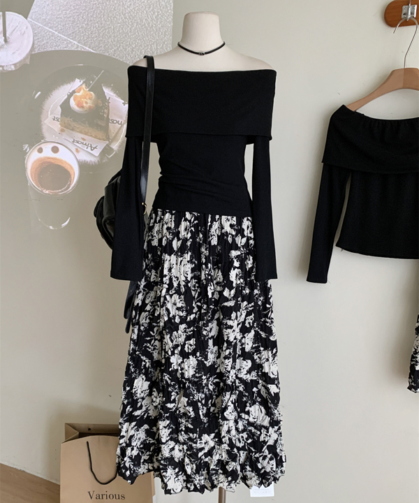 포앤바이앤 오프숄더 니트탑 스커트 투피스 골지 블랙 슬림 니트티 And 플라워 캉캉 티어드 주름 밴딩 플레어 롱스커트 고무줄 치마 세트 봄 간절기 우아한 여성스러운