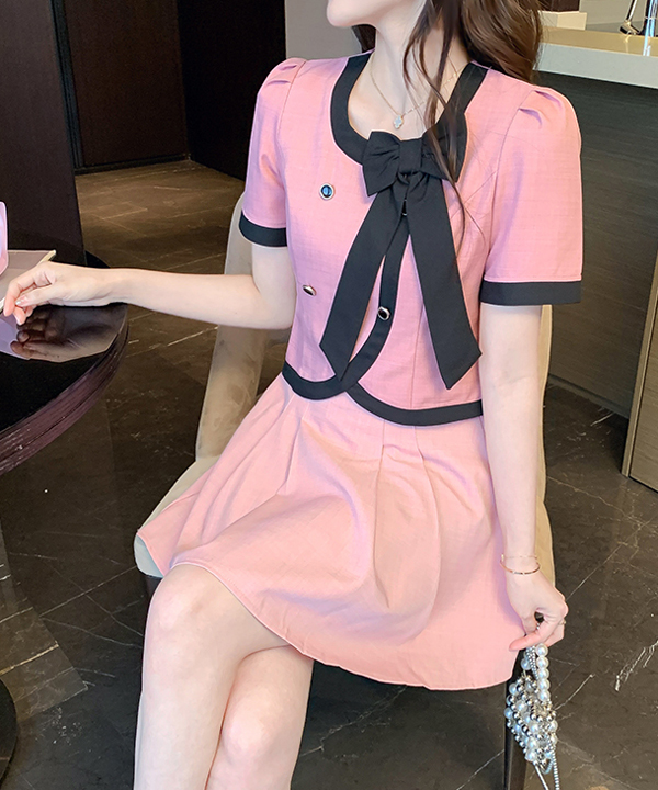 반팔 자켓 스커트 투피스 라우드넥 배색라인 리본 퍼프 반소매 더블버튼 슬림밍 크롭 자켓 And 하이웨스트 주름 A라인 미니 스커트 짧은 치마 세트 상하세트 셋업 세미