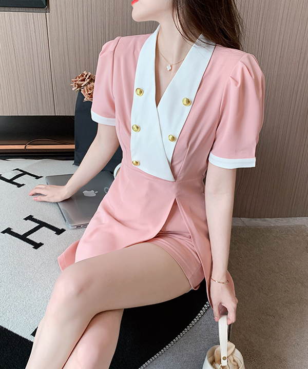 포앤바이앤 자켓원피스바지 투피스 랩브이넥 배색카라 골든버튼 허리잘록 퍼프 반팔 반소매 A라인 미니 자켓원피스 And 하이웨스트 베이직 반바지 세트 정장 수트 셋업 단정한