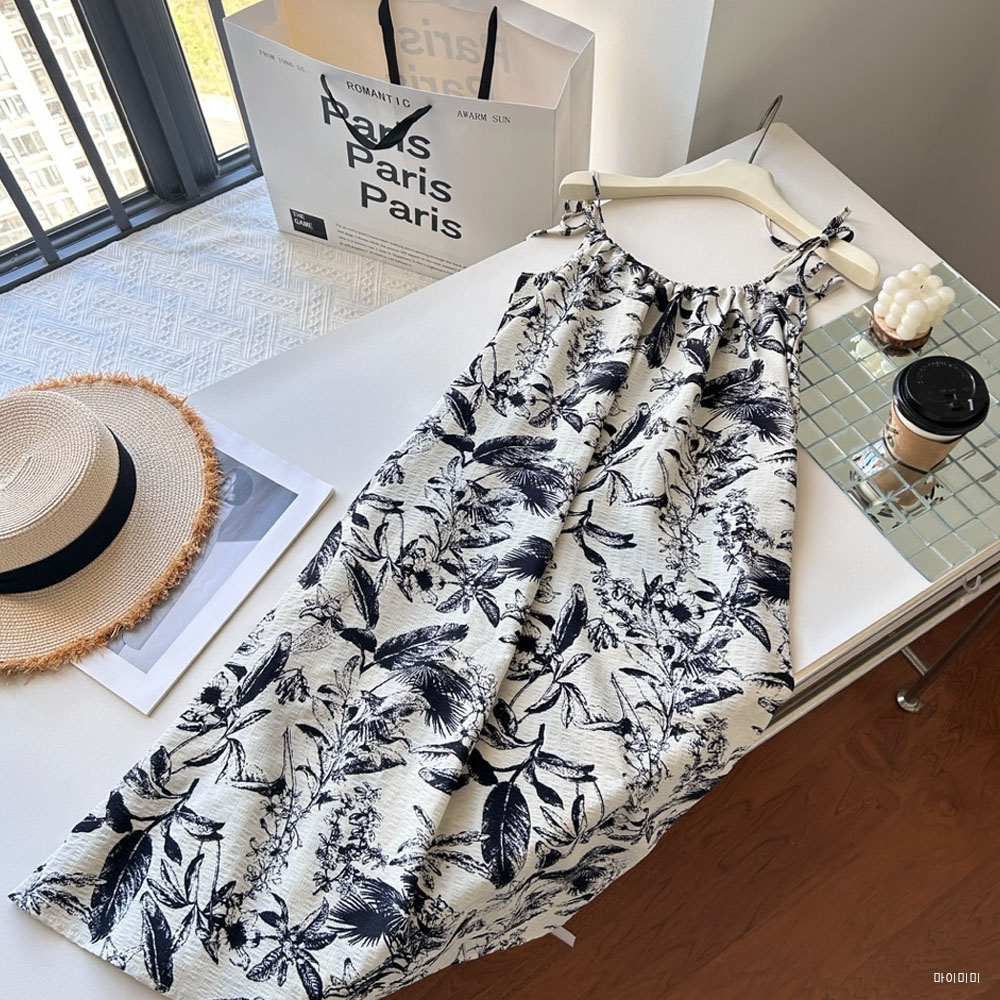 마이미미 플라워프린트 여성 끈 나시 원피스 여름 바캉스 롱 슬리브리스 마이미미 비치룩 여름휴가 데일리 레이어드 휴양지 뷔스티에 원피스