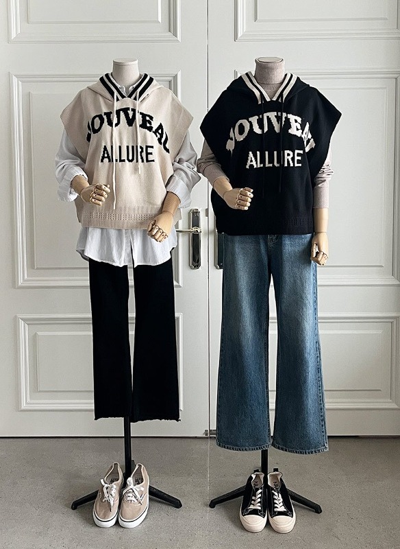 모노간지 후드 니트 조끼 여성 레터링 레이어드 베스트 뉴보우 수학여행(3color)403098