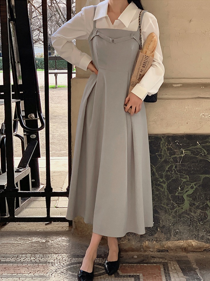 리리앤코 루티샤 맞주름 뷔스티에 롱 원피스 끈조절 봄 신상 봄코디 페미닌 데이트룩 데일리룩 데이트원피스 벨트 통통녀 롱원피스 롱스커트 체형커버 레이어드 하객룩 빅