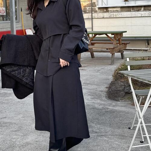 바이제이 세트할인 Wing Set 날개 랩셔츠 랩블라우스 A라인 밴딩 롱스커트 하객룩 셋업 셔츠스커트세트 셔츠스커트셋업 셔츠셋업