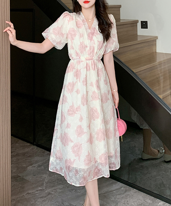~2xl 로맨틱 플라워 드레스 랩 브이넥 퍼프 벌룬 반팔 반소매 허리잘록 플라워 A라인 미디원피스 봄 여름 우아한 화사한 러블리 사랑스러운 여친룩 데이트룩 모임룩