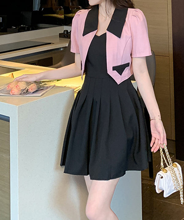 자켓 스커트 투피스 블랙 하트넥 오프숄더 스트랩 슬림핏 하이웨스트 핀턱 플리츠 미니 서스펜더 원피스 And 배색 카라 퍼프 반팔 오픈형 크롭 자켓 세트 셋업 정장 수트