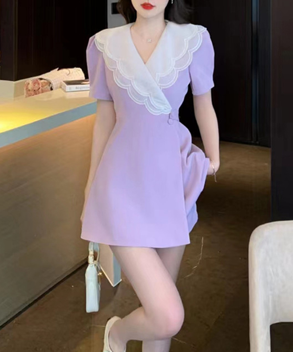 포앤바이앤 자켓 원피스 반바지 투피스 브이넥 빅카라 퍼프 반팔 반소매 허리잘록 A라인 자켓 미니원피스 And 밴딩 허리 숏팬츠 반바지 세트 봄 여름 셋업 연보라 블랙