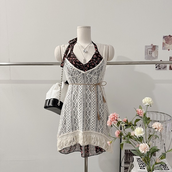 이프유마인 Y2k하이틴유니크 벨트set 여름 인디 시스루 레이스 자수 펀칭 뜨개 니트 레이어드 홀터넥 잔꽃 플라워 나염 A라인 플레어 캉캉 슬립 뷔스티에 나시