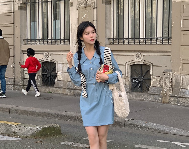 리리앤코 데프틴 오픈카라 스티치 포켓 미니 원피스 봄 봄옷 봄신상 신상 빅사이즈 자체제작 긴팔원피스 미니원피스 카라넥원피스 오픈카라넥 스티치원피스 데님 데님원피스 청원피스