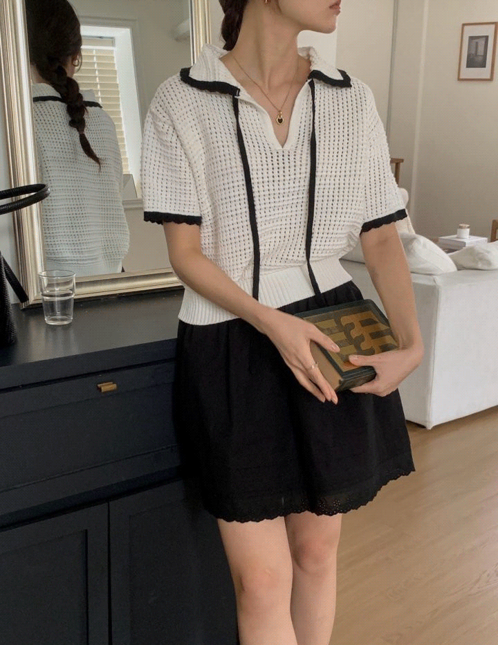 libre 리브레 미우 니트 코튼 반팔 리본 배색 nt (2col)