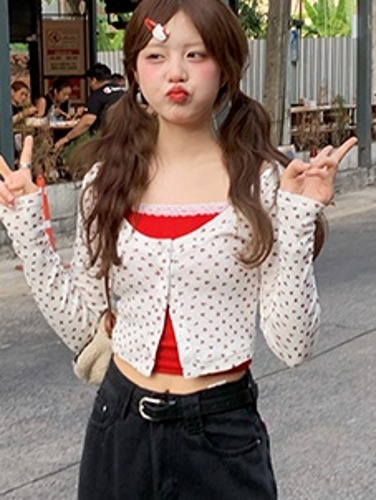 하프닌 세트구성 나프탈 레드 배색 레이스 나시 탑 라운드넥 플라워 꽃무늬 긴팔 크롭 가디건 러블리 데이트룩 유니크 투피스