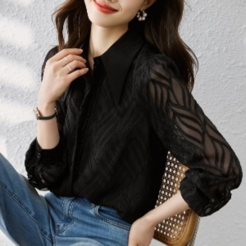 밀키부 당일출고여름신상봄블라웃스하객룩 긴팔 블랙 시스루 시크 셔츠블라우스 7부소매 쉬폰 여자 상의 봄 남방 하객코디 연주회모임데이트룩오피스룩직장인출근