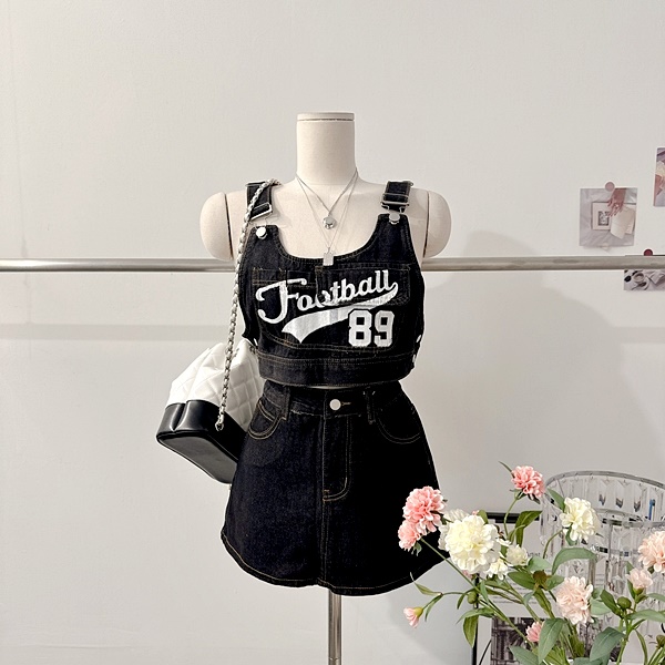 이프유마인 당일발송 Y2k하이틴유니크 여름 풋볼 페인팅 레터링 프린팅 스티치 생지 데님 청 포켓 멜빵 크롭 슬립 뷔스티에 나시 하이웨스트 A라인 플레어 미니