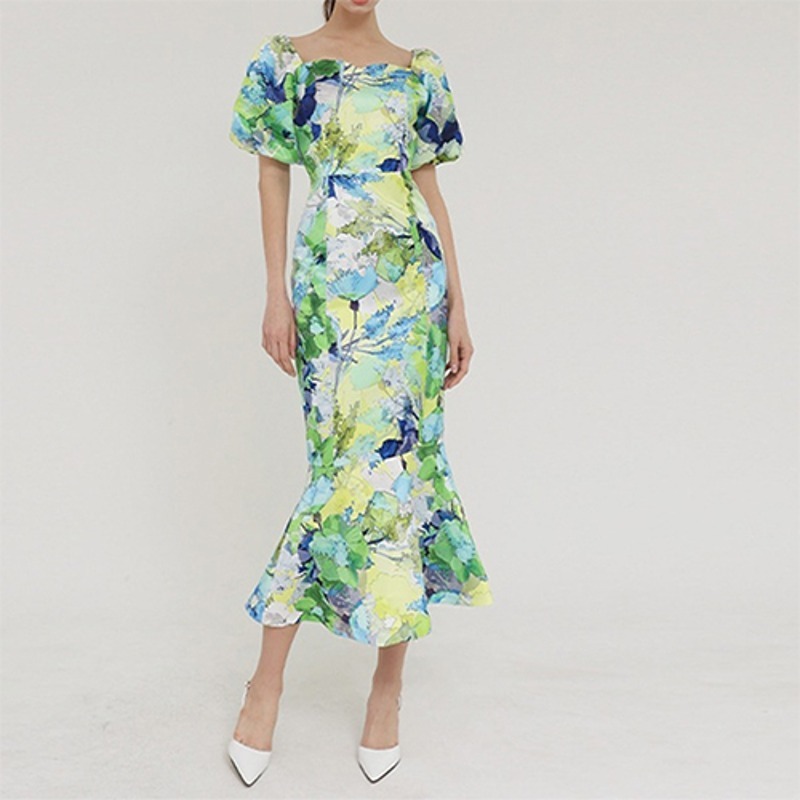 지음샵 서머시즌오프★라스트찬스★플로럴원피스 그린m만가능 여름투웨이오프숄더스퀘어넥퍼프소매이브닝드레스맥시롱머메이드핏럭셔리플라워클리어런스