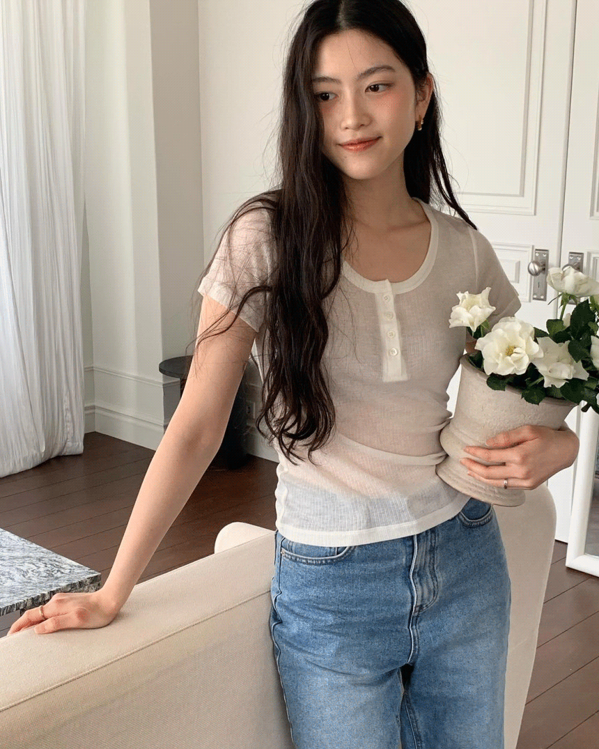 jinsim 진심 누디 버튼 티셔츠 울 텐셀 반팔 유넥 시스루 tee (4col)